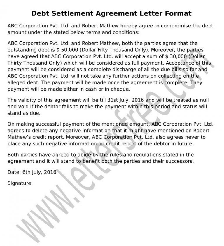 Debt Settlement Agreement Letter Sample Debt Settlement Agreement Letter Sample