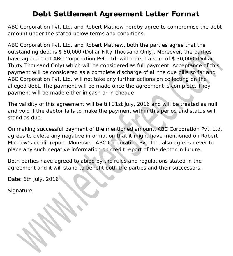 Debt Settlement Agreement Letter Sample