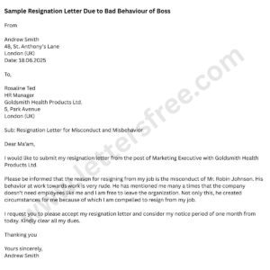 Intimation Letter for Resignation Sample Format