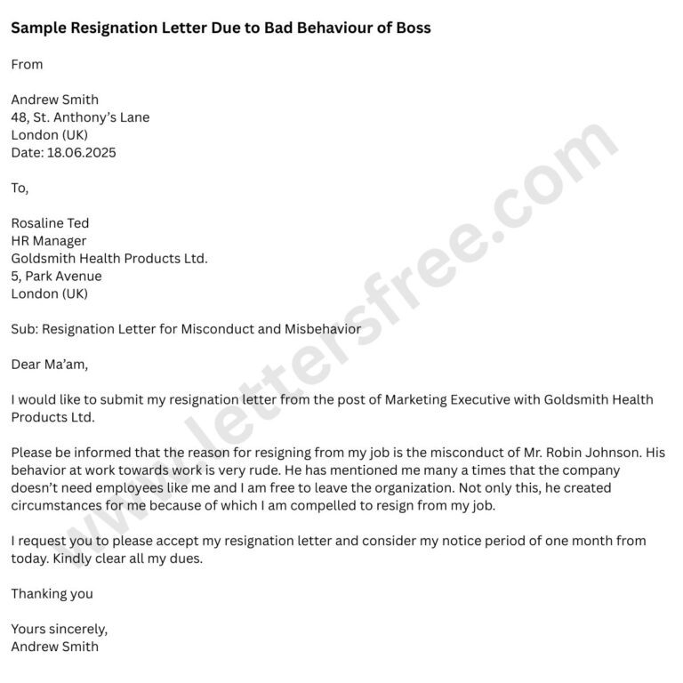 Intimation Letter for Resignation Sample Format