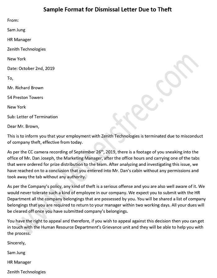 Dismissal Letter Due To Theft Employee Termination Letter Dismissal Letter Due To Theft Employee Termination Letter