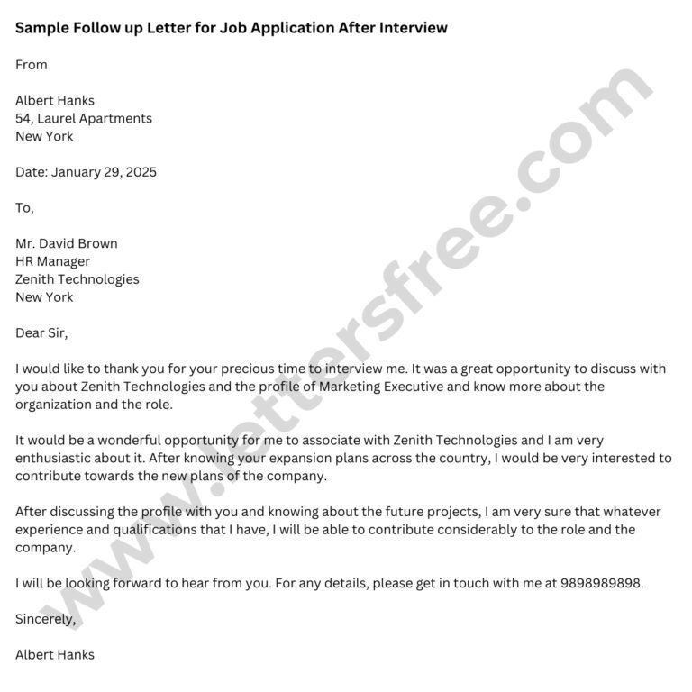 Follow up Letter for Job Application Status after Interview