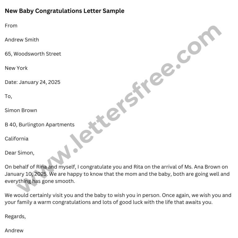 New Baby Congratulations Sample Letter