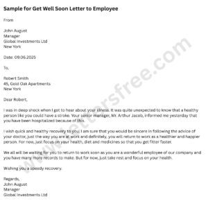 Format for Get Well Soon Letter to Employee | Formal Get Well Soon Letter