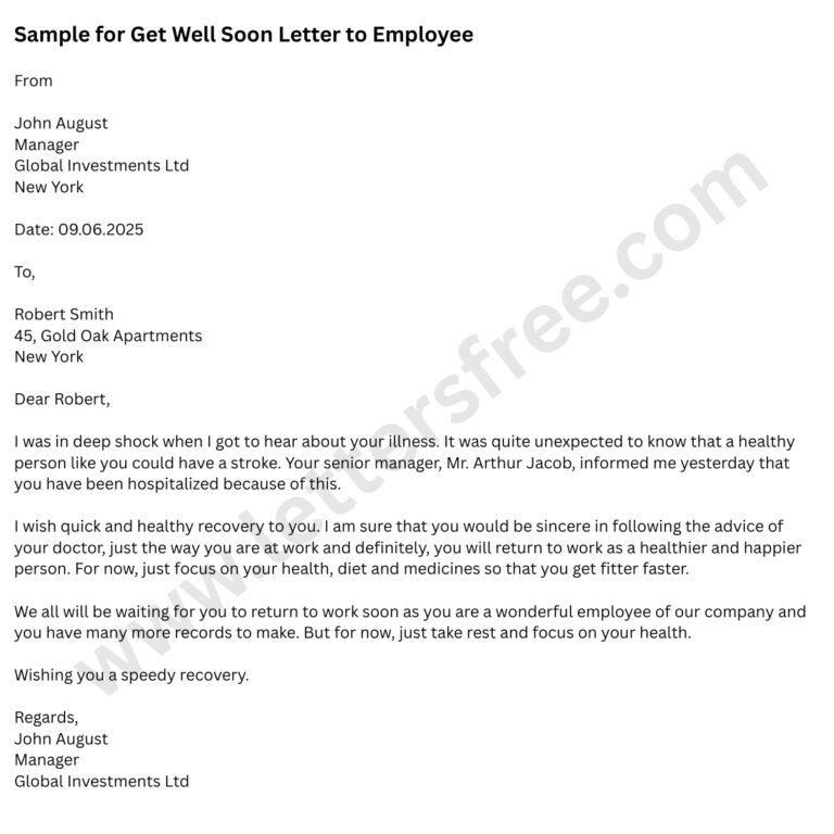 Format for Get Well Soon Letter to Employee | Formal Get Well Soon Letter